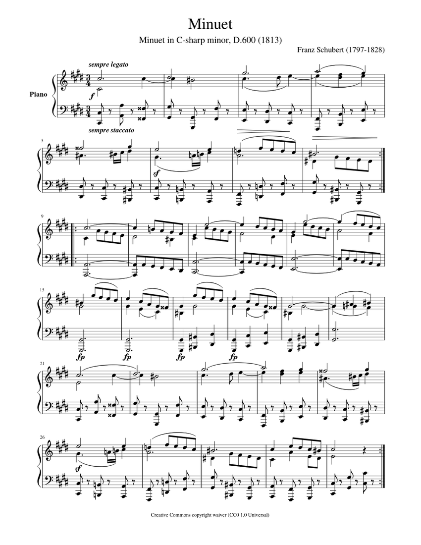 Schubert Franz - Minuet in C-sharp minor, D.600 Sheet Music for Piano (Solo) Easy | MuseScore.com