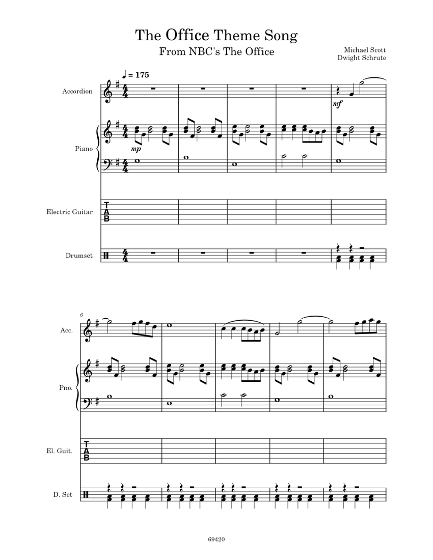 The Office Theme Song Sheet music for Piano, Accordion, Guitar, Drum ...