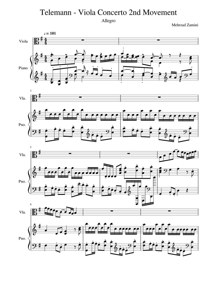 Telemann - Viola Concerto 2nd Movement Sheet Music for Piano, Viola ...