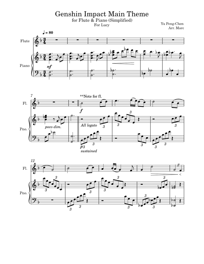 Genshin Impact Main Theme - For Flute & Piano Sheet Music for Piano ...