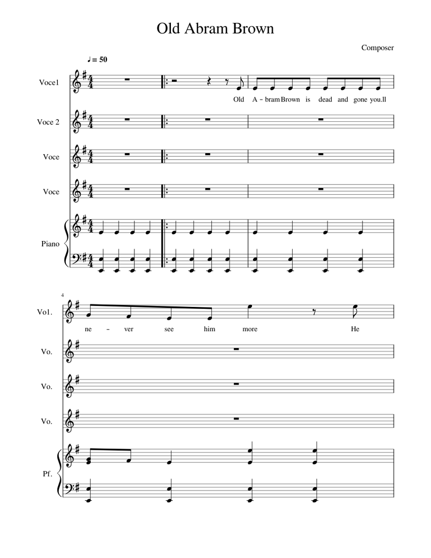 Old Abram Brown Sheet Music for Piano, Vocals (Mixed Quartet) | MuseScore.com