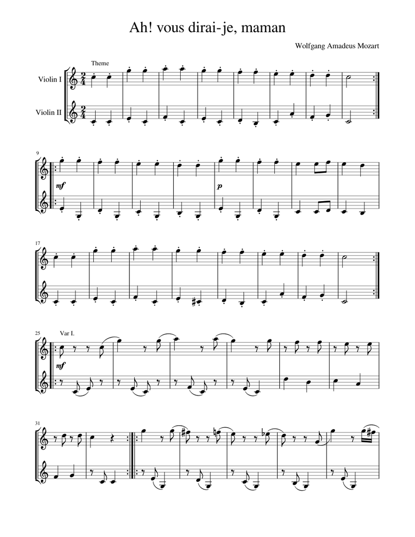 Ah! vous dirai-je, maman Sheet music for Violin (String Duet ...