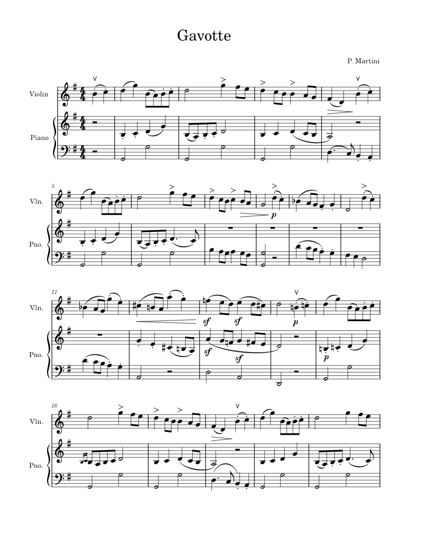Gavotte – P. Martini Gavotte Sheet Music for Piano, Violin (String ...