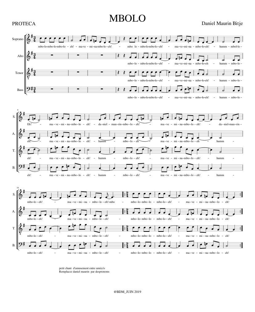 MBOLO Sheet Music for Soprano, Alto, Tenor, Bass voice (Choral ...