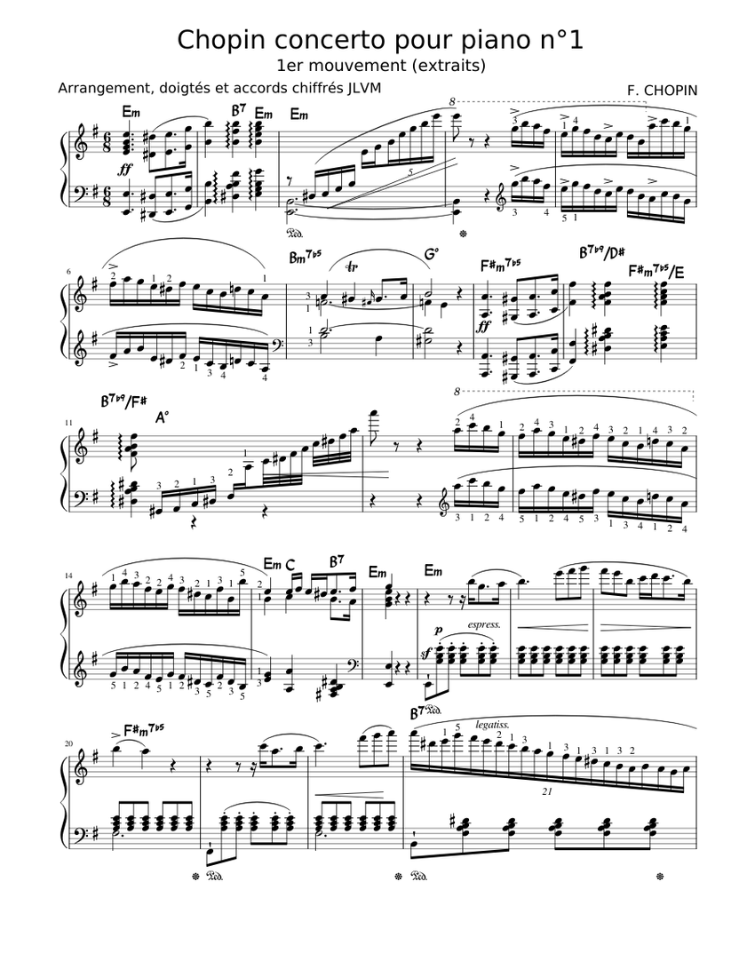 Chopin concerto pour piano n°1 1er mvt extraits avec accords chiffrés Sheet Music with Chords ...