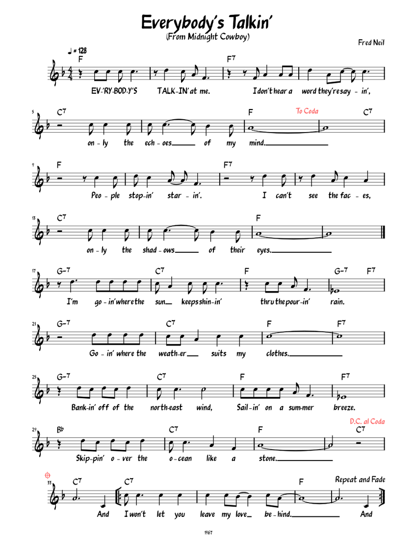 Everybody's Talkin' (Echoes) (Lead sheet with lyrics ) Sheet Music with ...
