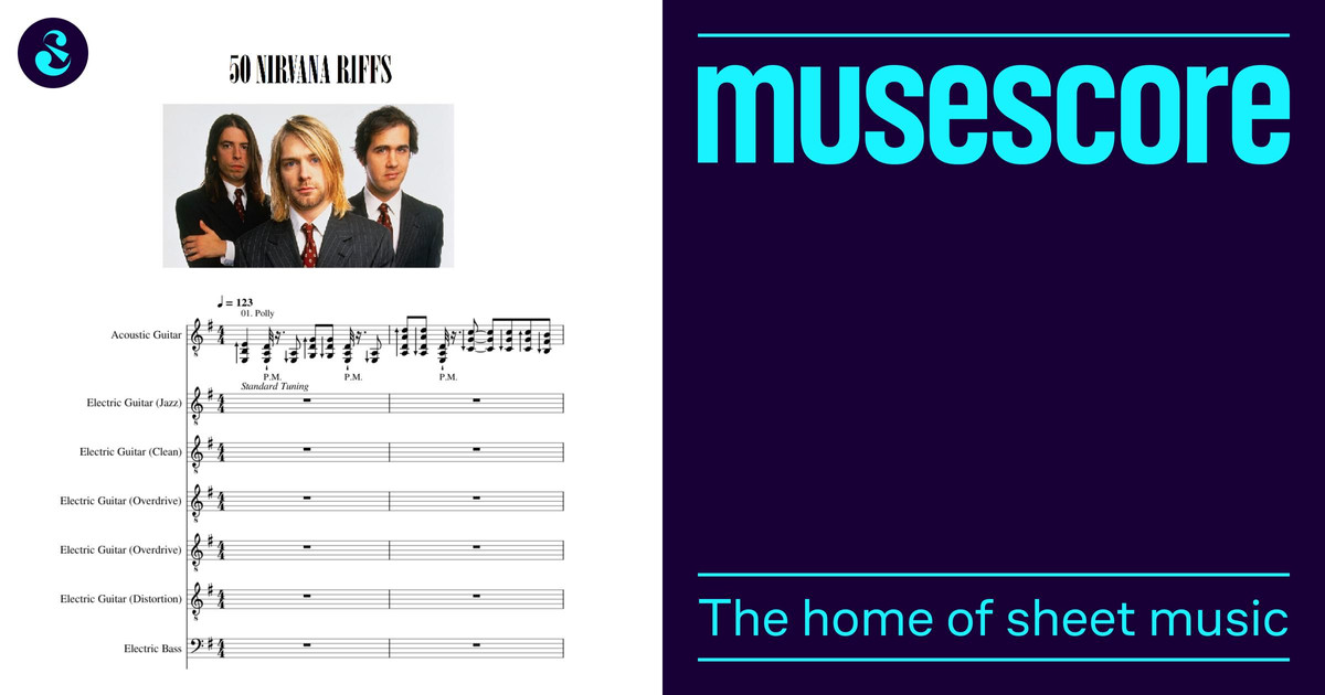 50 Nirvana RIFFS Sheet Music for Guitar, Bass guitar, Drum group (Mixed ...