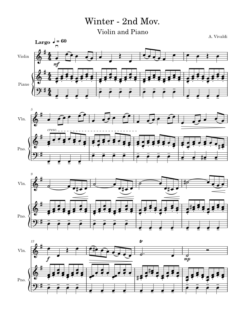Winter 2nd mov. – Antonio Vivaldi Sheet Music for Piano, Violin (Mixed ...