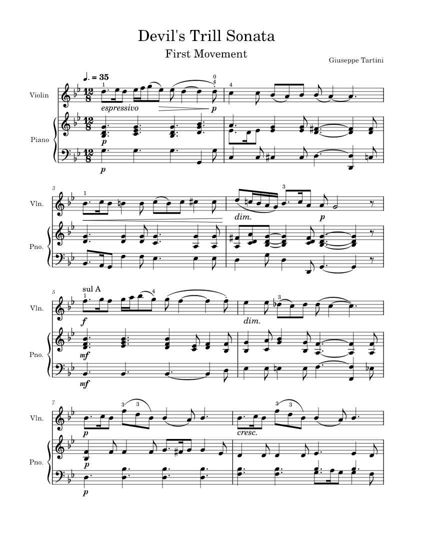 The Devil's Trill Sonata – Giuseppe Tartini Larghetto affetuoso Sheet ...