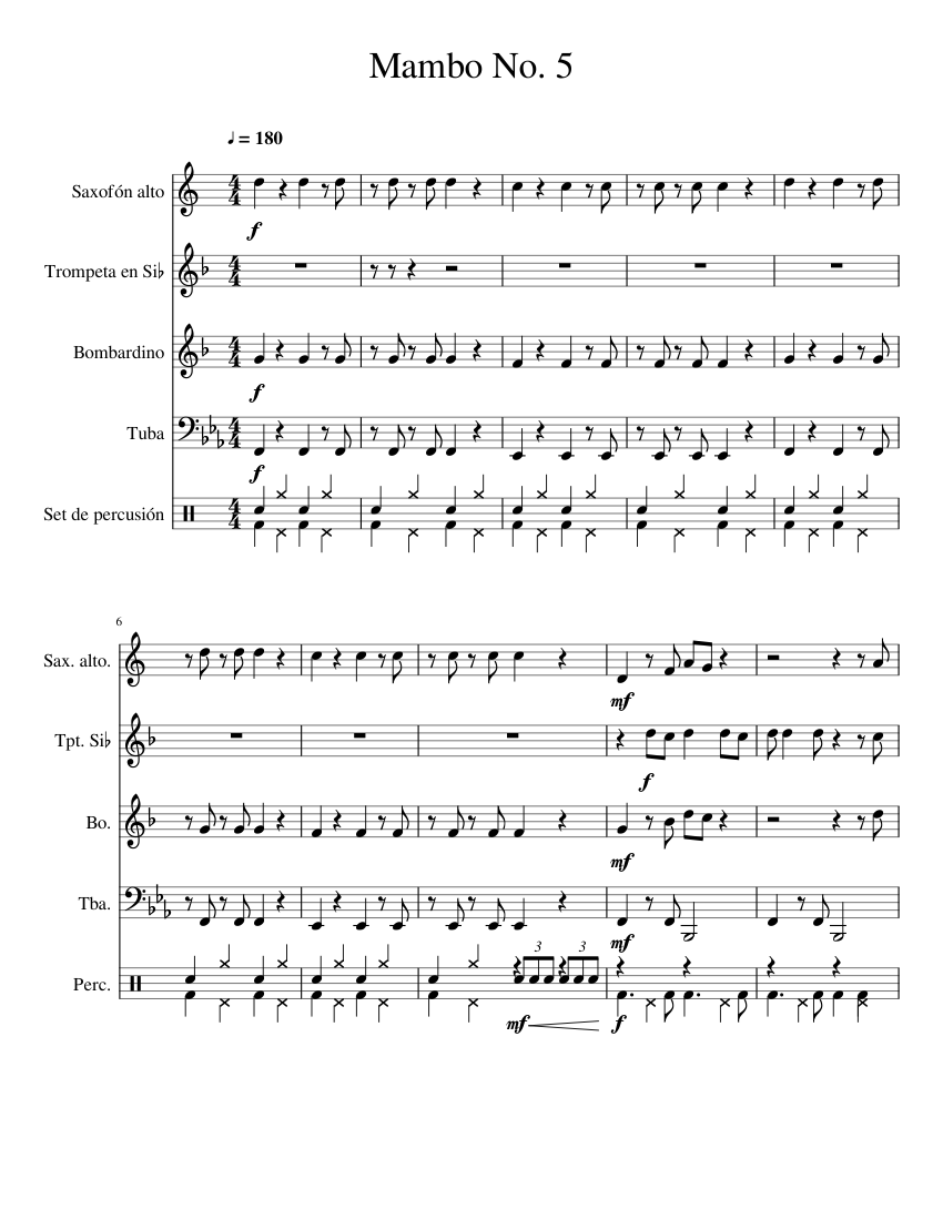 Mambo No 5 by Lou Bega Sheet Music for Euphonium, Tuba, Saxophone alto ...
