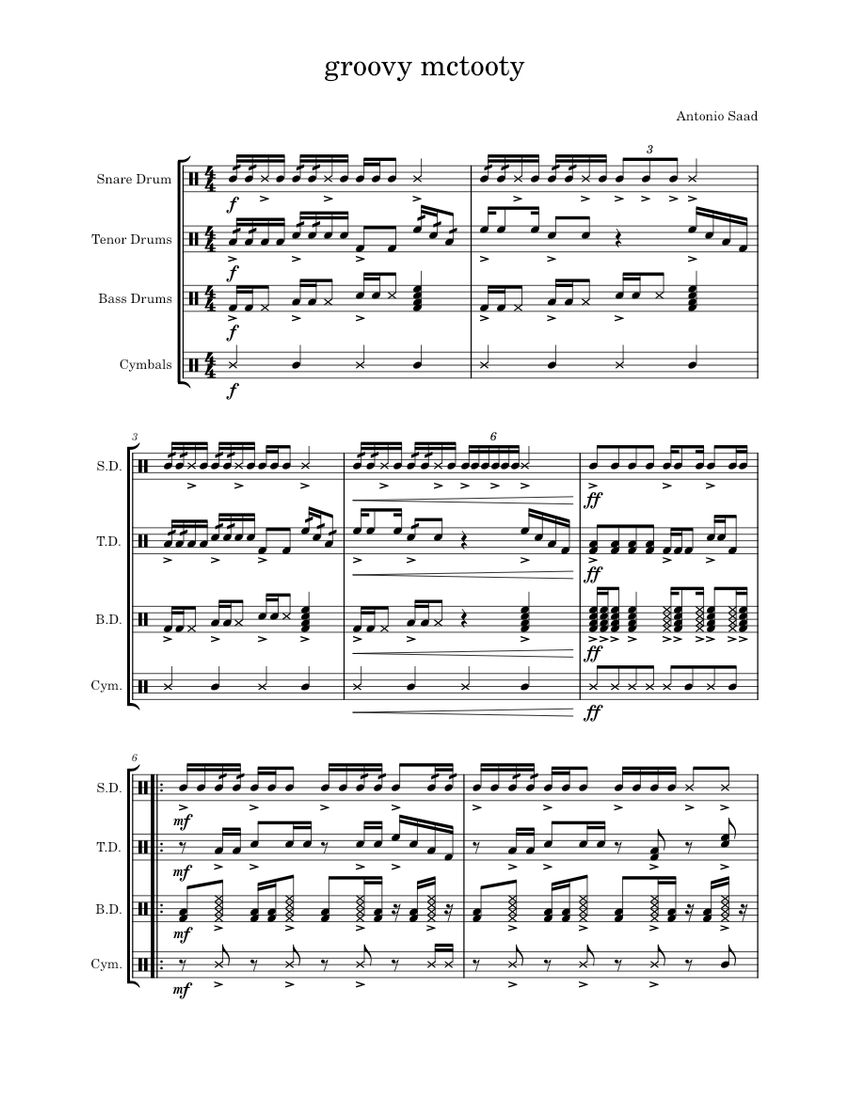 groovy mctooty Sheet music for Snare drum, Crash, Tenor drum, Bass drum ...