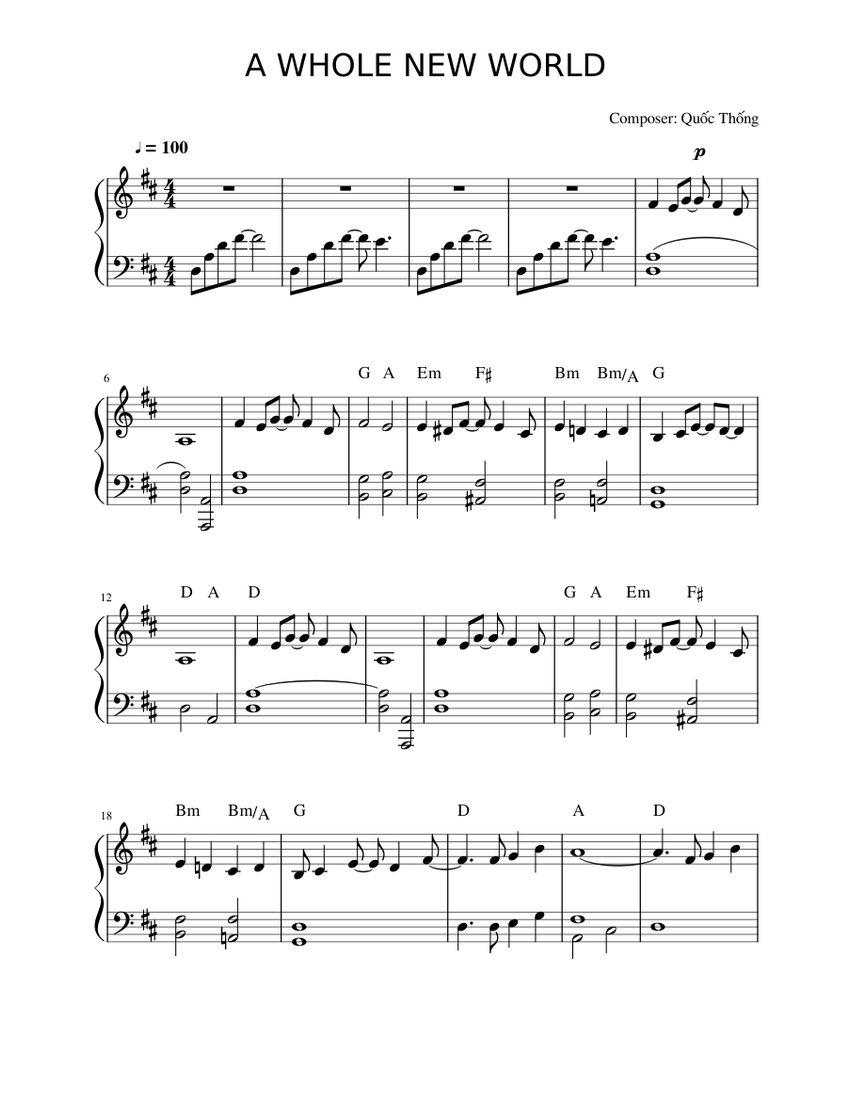 A WHOLE NEW WORLD Sheet music for Piano (Solo) Easy | Musescore.com