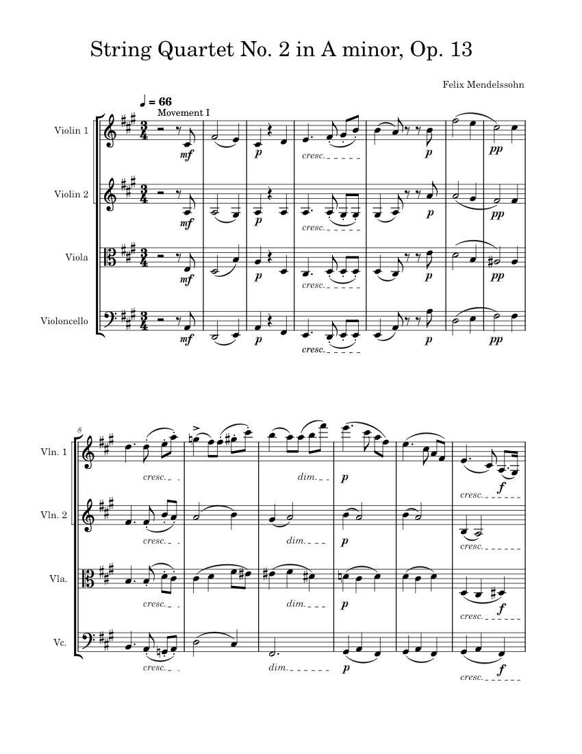 String Quartet No. 2 in A minor, Op. 13 Sheet Music for Violin, Viola, Cello (String Quartet ...