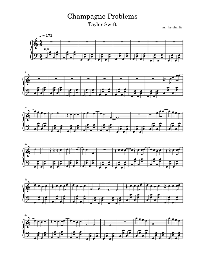 Champagne Problems - Taylor Swift Sheet Music for Piano (Solo ...
