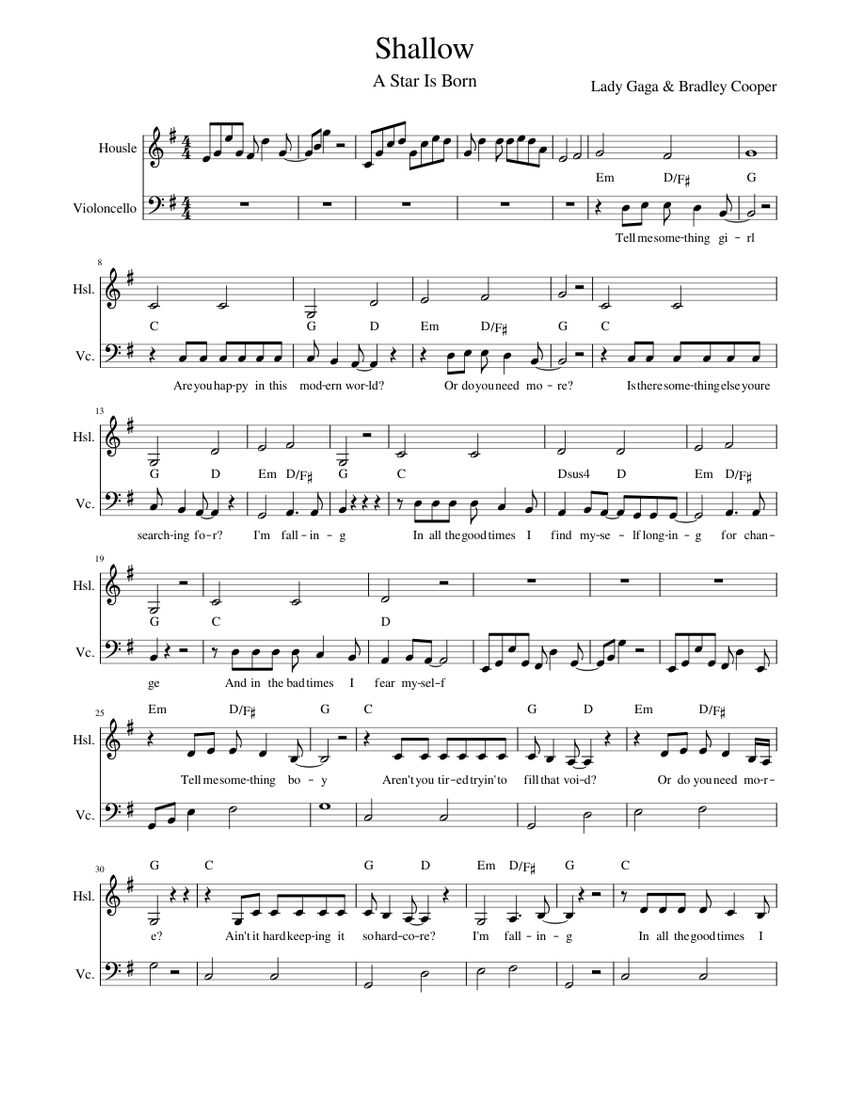 Shallow Sheet Music with Chords for Violin, Cello (String Duet ...