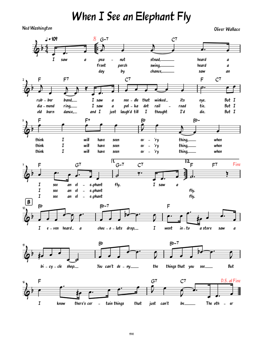 When I See an Elephant Fly (Lead sheet with lyrics ) Sheet Music with ...