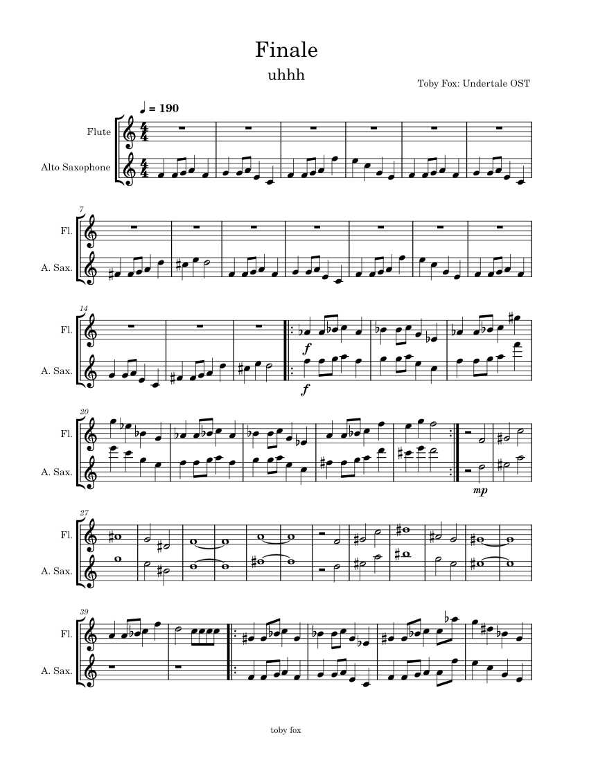 Finale – Toby Fox Sheet Music for Flute, Saxophone alto (Woodwind Duet) | MuseScore.com
