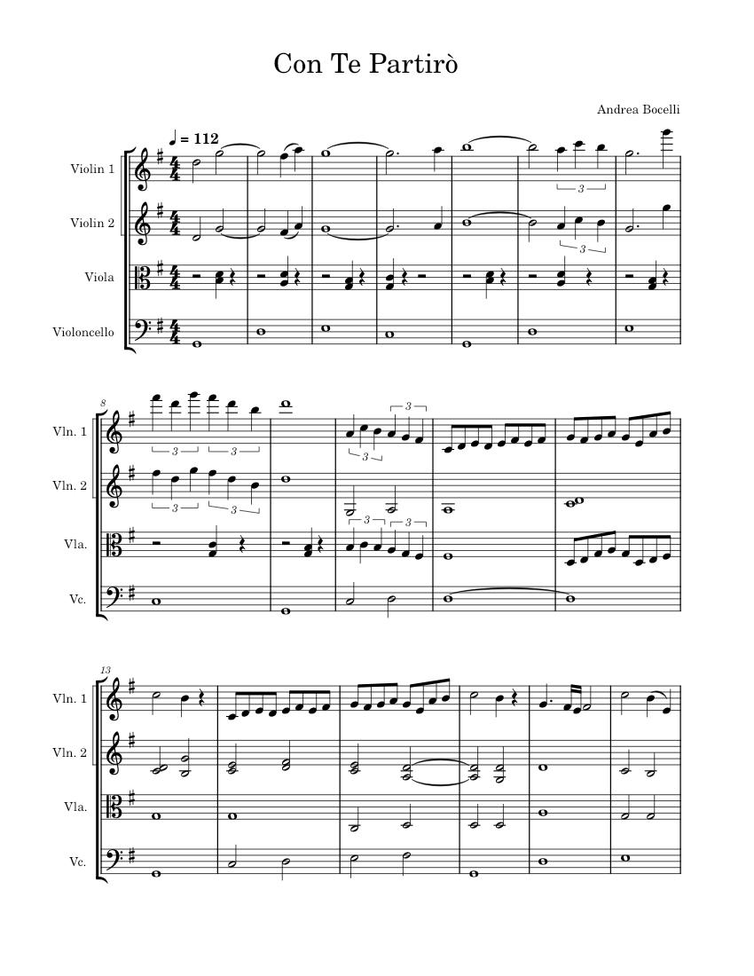Con te partiro – Andrea Bocelli Sheet Music for Violin, Viola, Cello ...