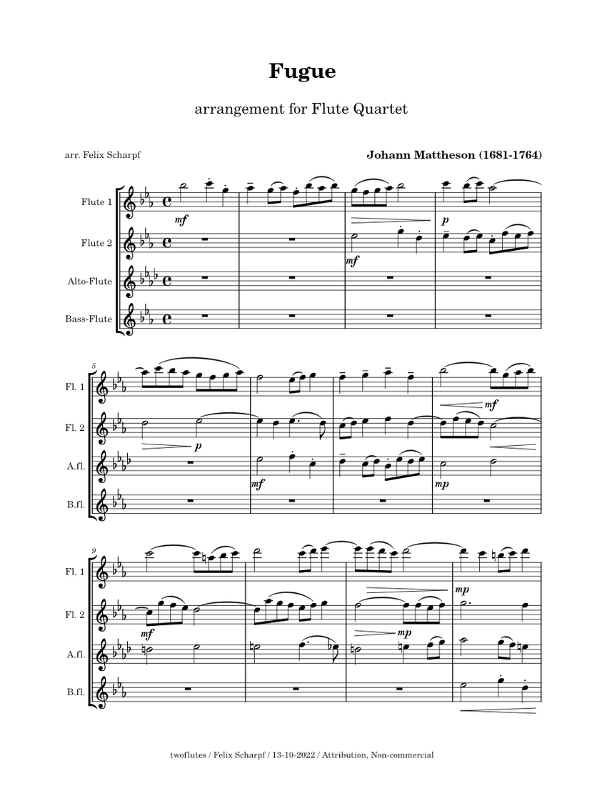 Fugue - Johann Mattheson - arr. for Flute Quartet - piano tutorial