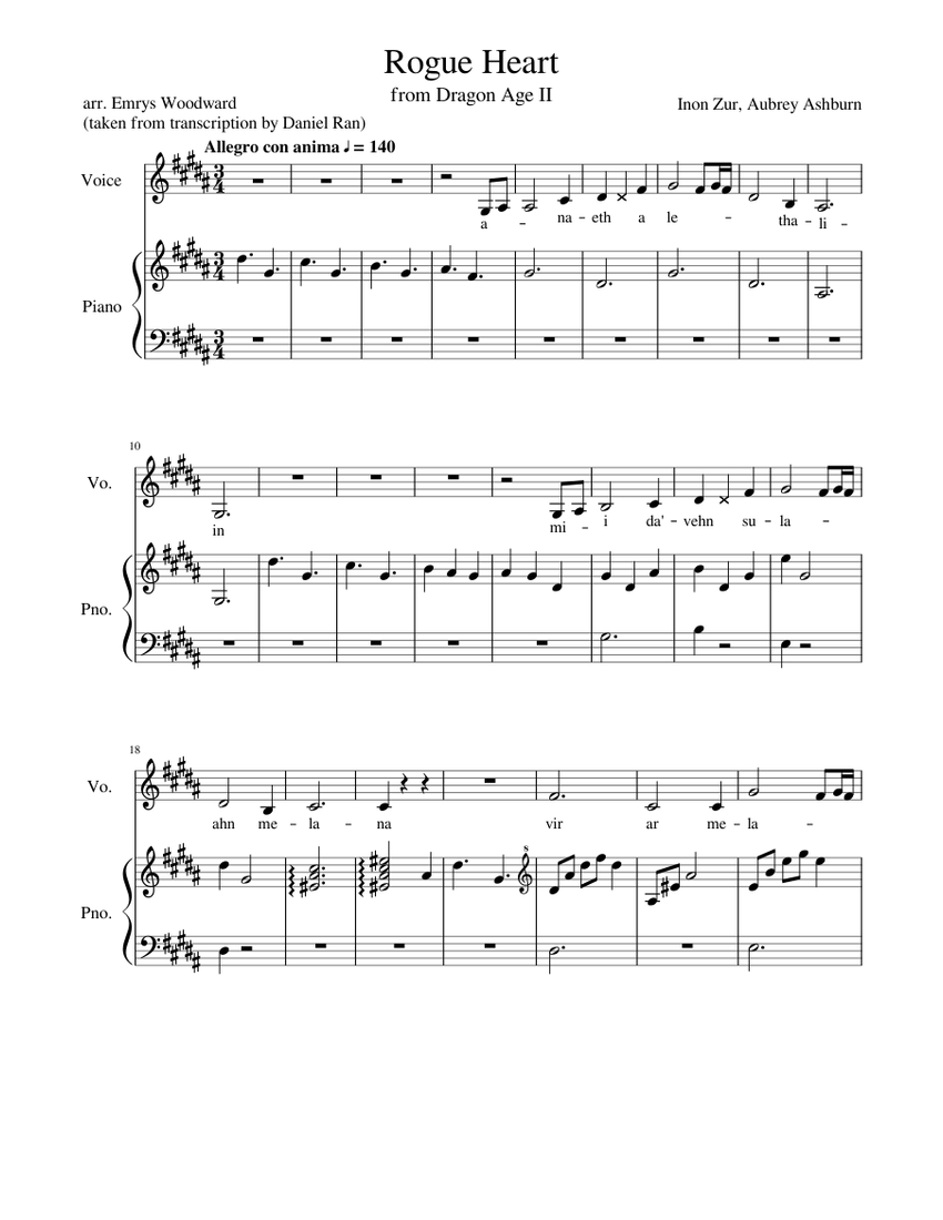 Rogue Heart (Dragon Age II) Sheet music for Piano, Vocals (Piano-Voice ...