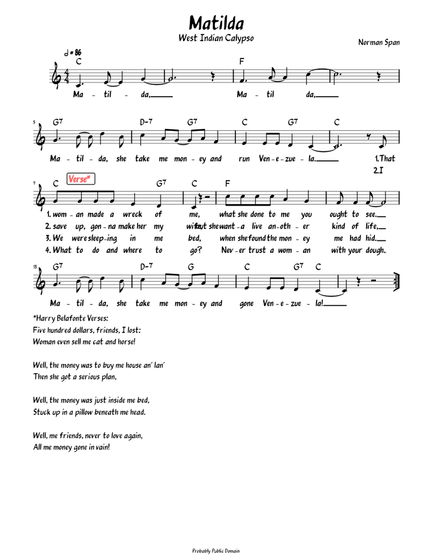 Matilda (Lead sheet with lyrics ) Sheet Music for Piano (Solo) Easy ...