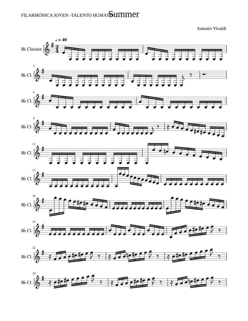 Bb Summer - Four Seasons Vivaldi Bb Clarinet Sheet Music for Clarinet ...