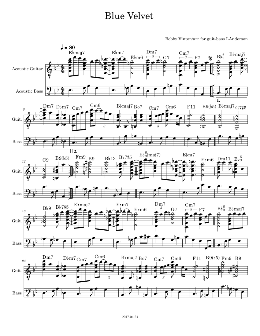 Blue Velvet – Bobby Vinton, Tony Bennett Sheet music for Guitar, Bass ...