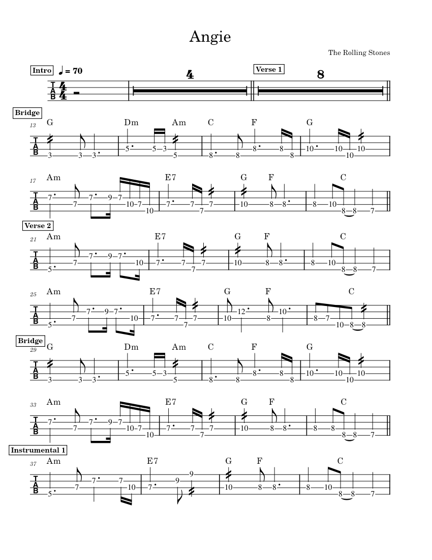 Angie - The Rolling Stones Sheet Music and Tab with Chords for Bass ...
