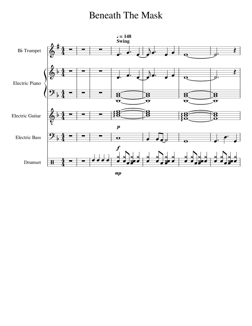 Beneath The Mask Sheet Music for Piano, Trumpet in b-flat, Guitar, Bass ...