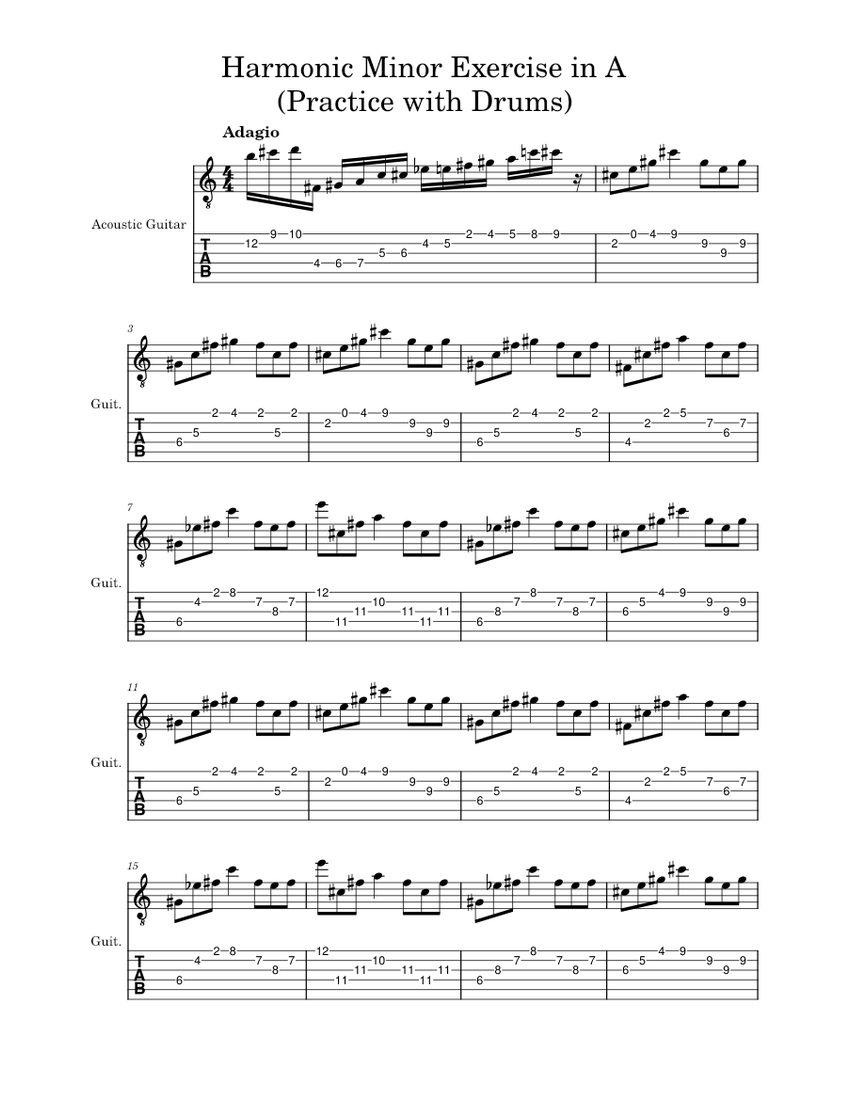 Harmonic Minor Exercise in A - Tabs & Notations Sheet music for Guitar ...