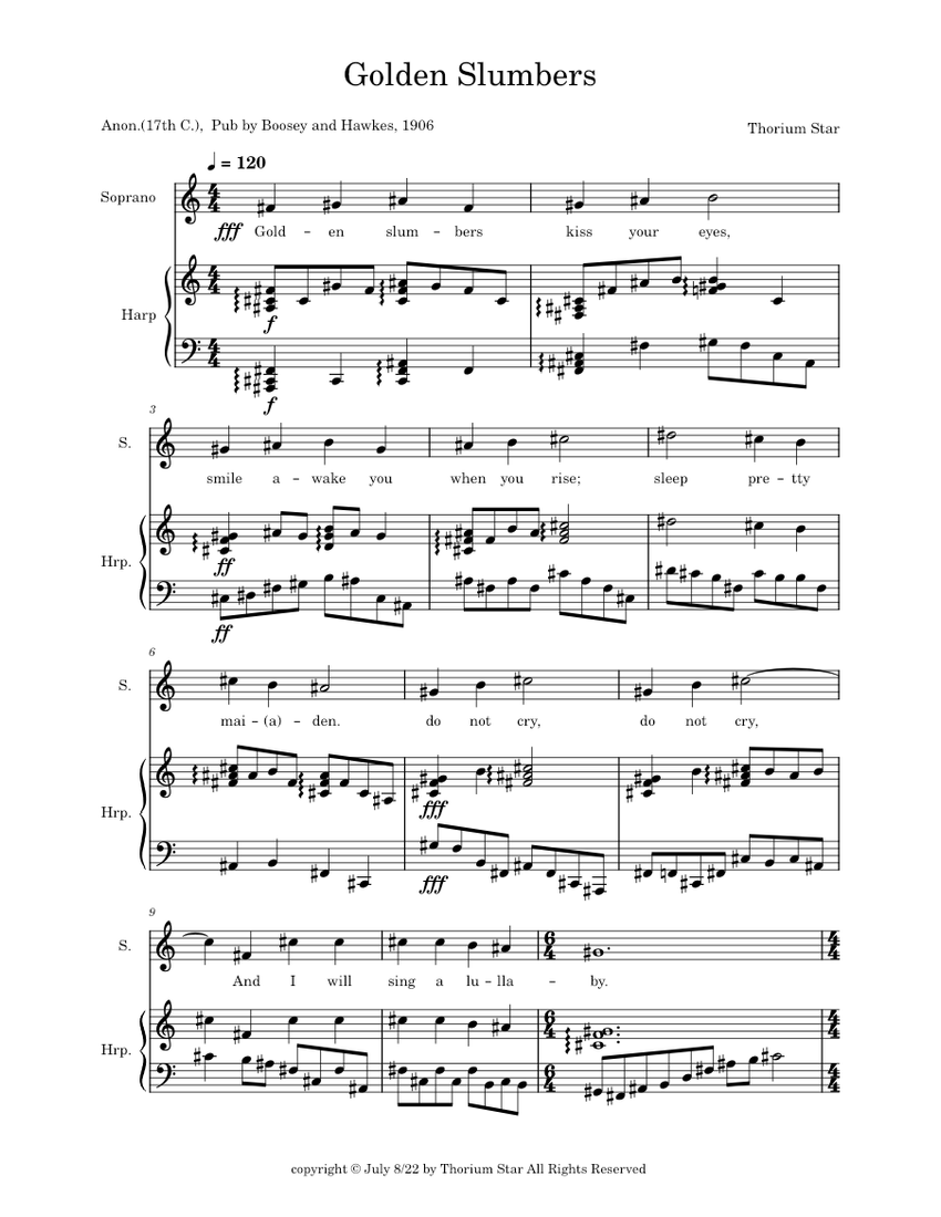 Golden Slumbers Sheet Music for Soprano, Harp (Mixed Duet) | MuseScore.com