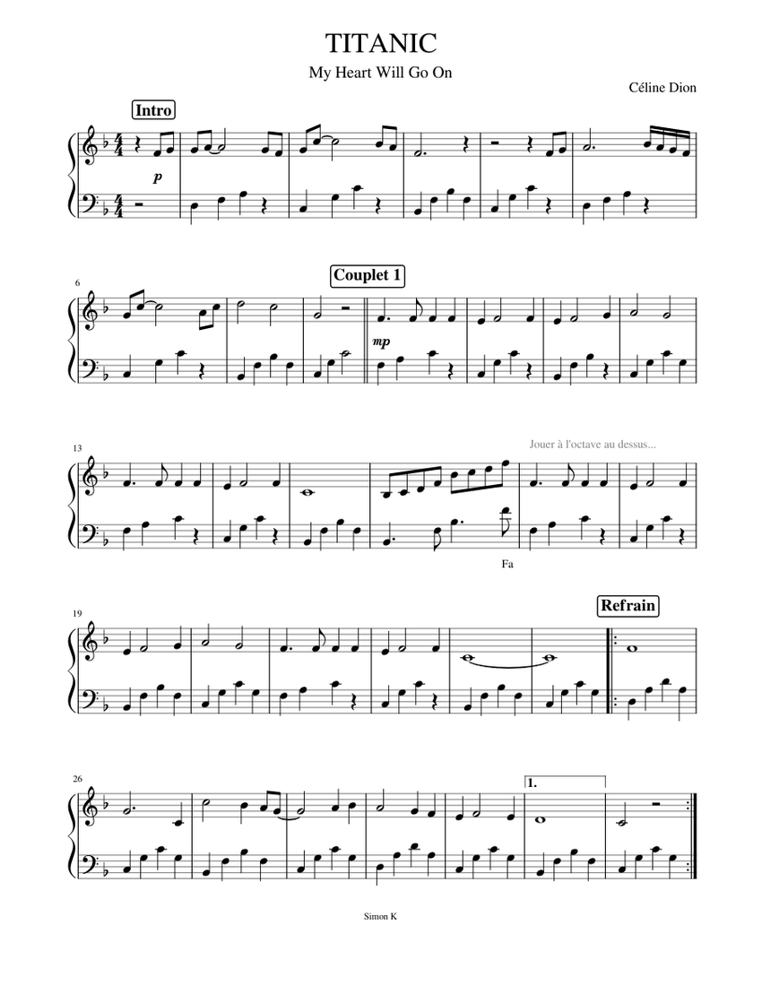 TITANIC (piano easy with modulation) Sheet Music for Piano (Solo ...