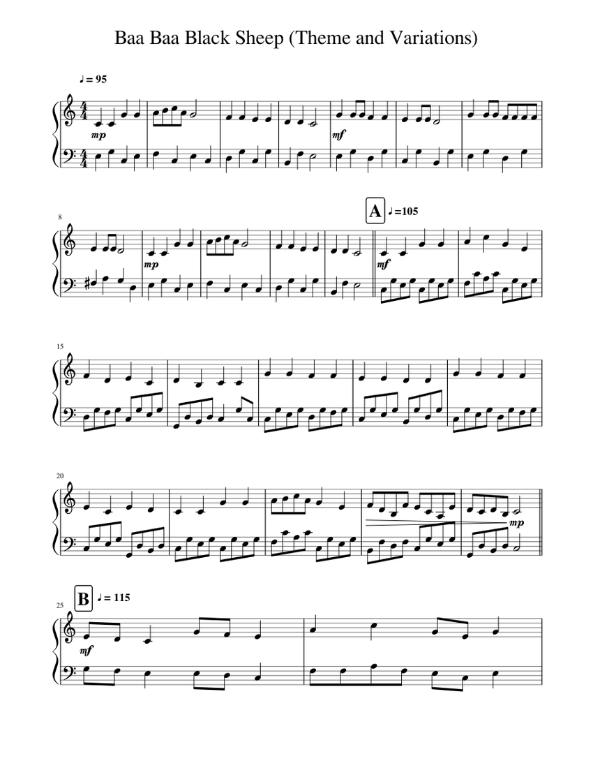Baa Baa Black Sheep (Theme and Variations) Sheet Music for Piano (Solo ...