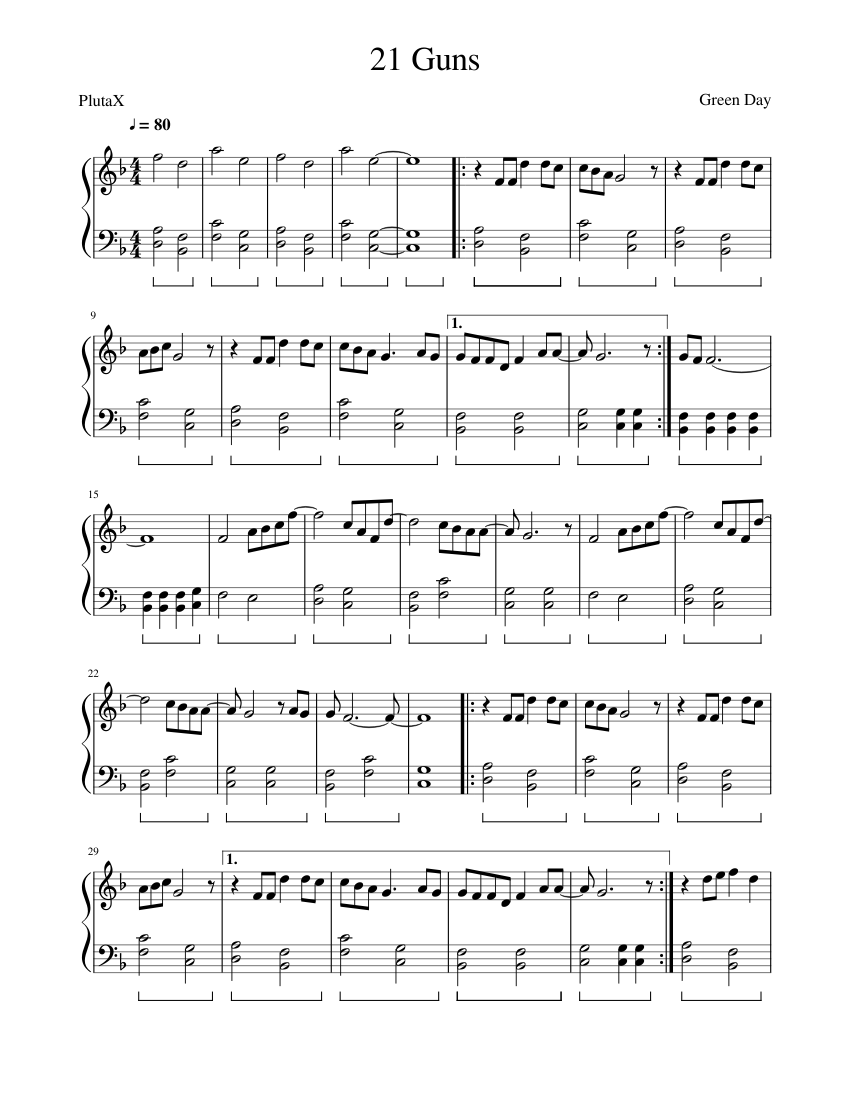 21 Guns (PlutaX) Sheet Music for Piano (Solo) Easy | MuseScore.com