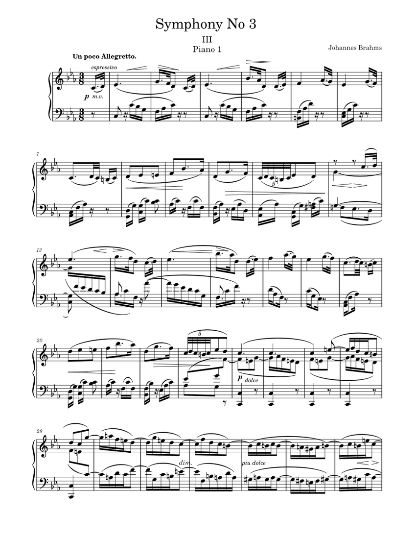 Symphony No.3, Mvm 3 Piano 1 – Johannes Brahms Sheet Music for Piano ...