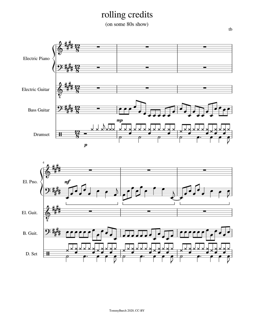 rolling credits Sheet music for Piano, Guitar, Bass guitar, Drum group ...