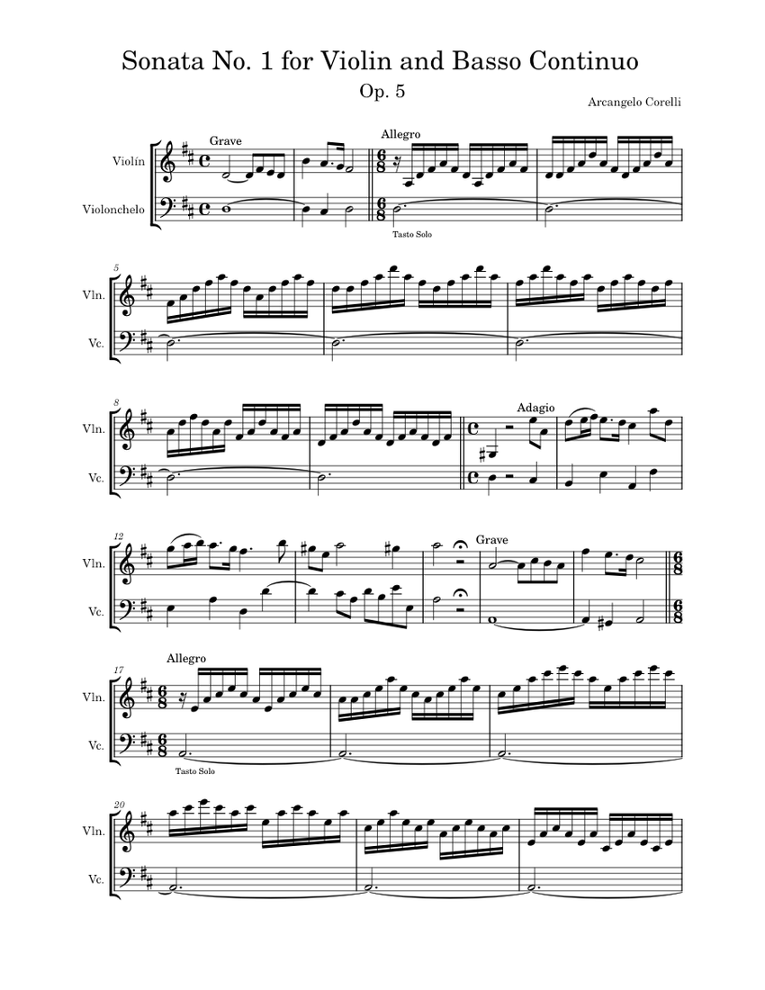 Sonata No. 1, Op. 5 – Arcangelo Corelli Sheet music for Violin, Cello ...