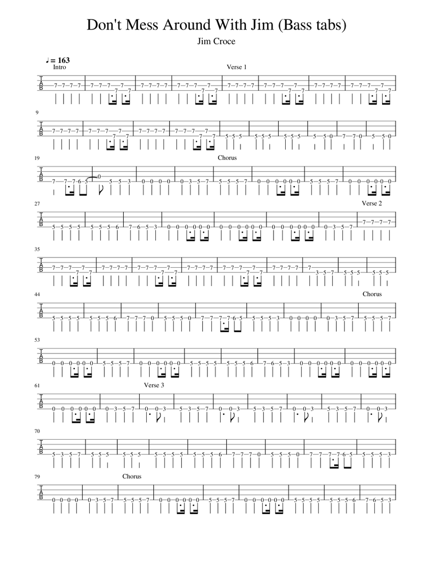 Jim Croce - Don't Mess Around With Jim (Bass tabs) Sheet music for Bass ...