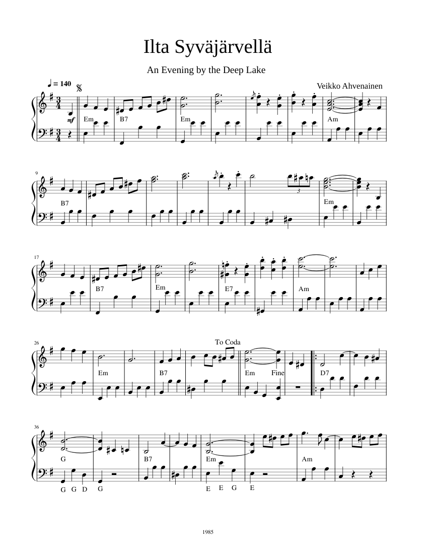 Ilta Syväjärvellä Sheet Music for Piano (Solo) | MuseScore.com