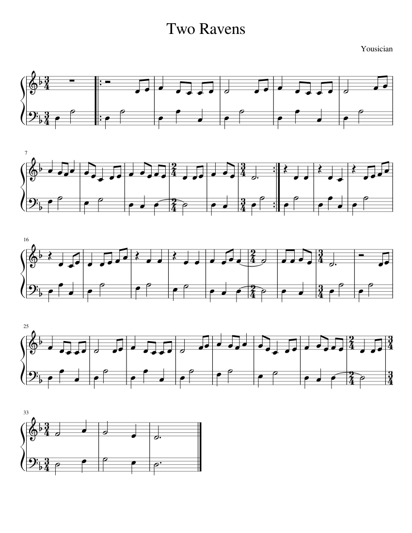 Two Ravens Sheet Music for Piano (Solo) Easy | MuseScore.com