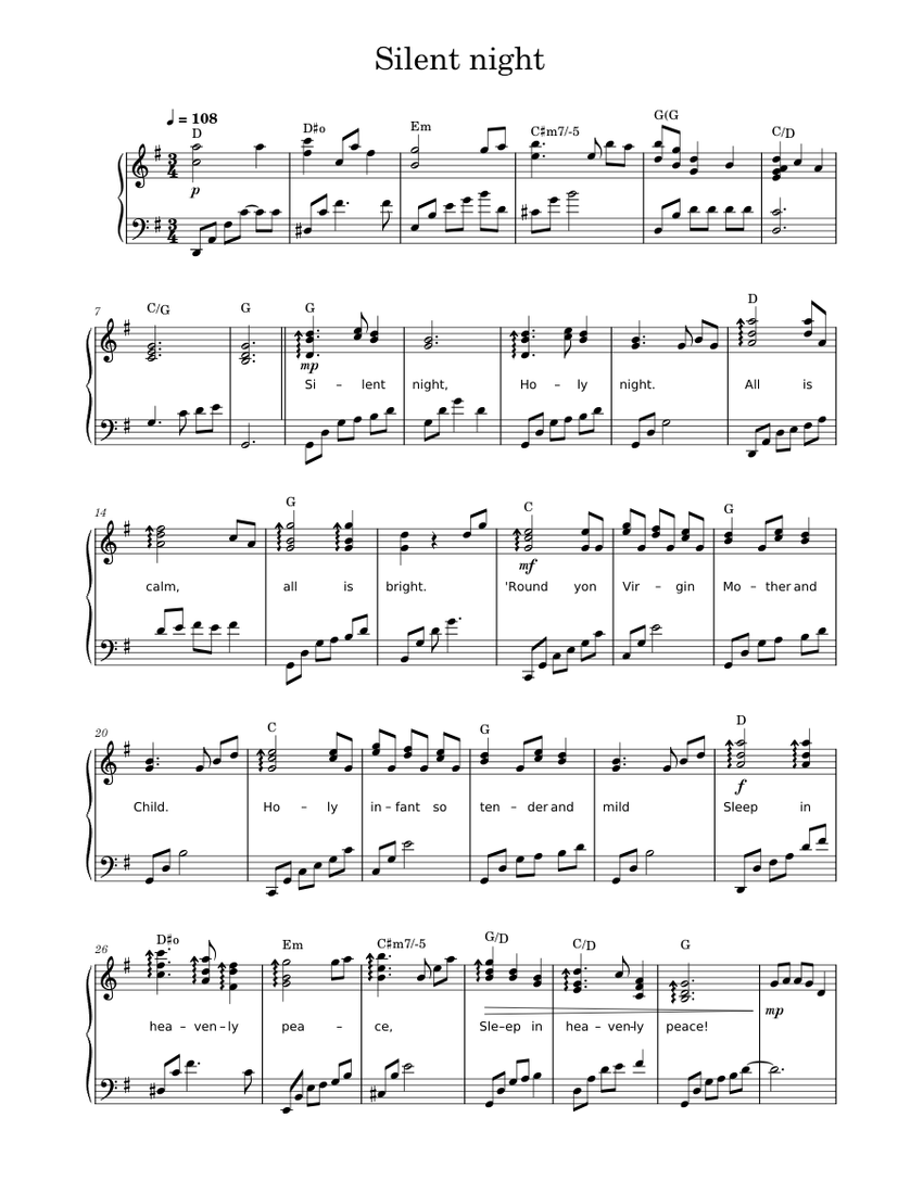 Silent Night Sheet Music with Chords for Piano (Solo) easy | MuseScore.com