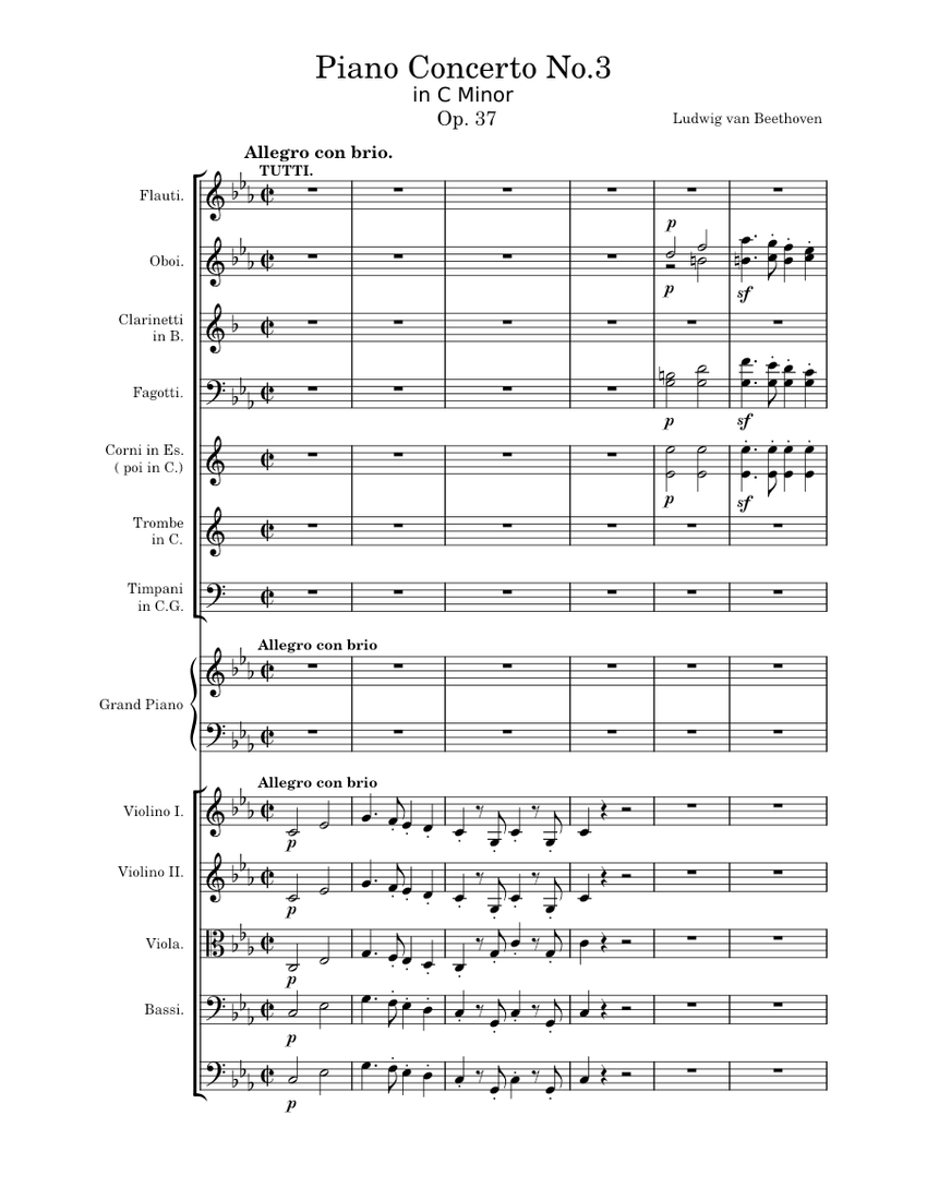 Piano Concerto No.3, Op.37 – Ludwig Van Beethoven Sheet music for Piano, Flute, Oboe, Clarinet ...