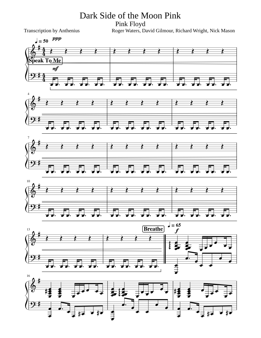 Dark Side of the Moon – Pink Floyd Sheet Music for Piano (Solo ...