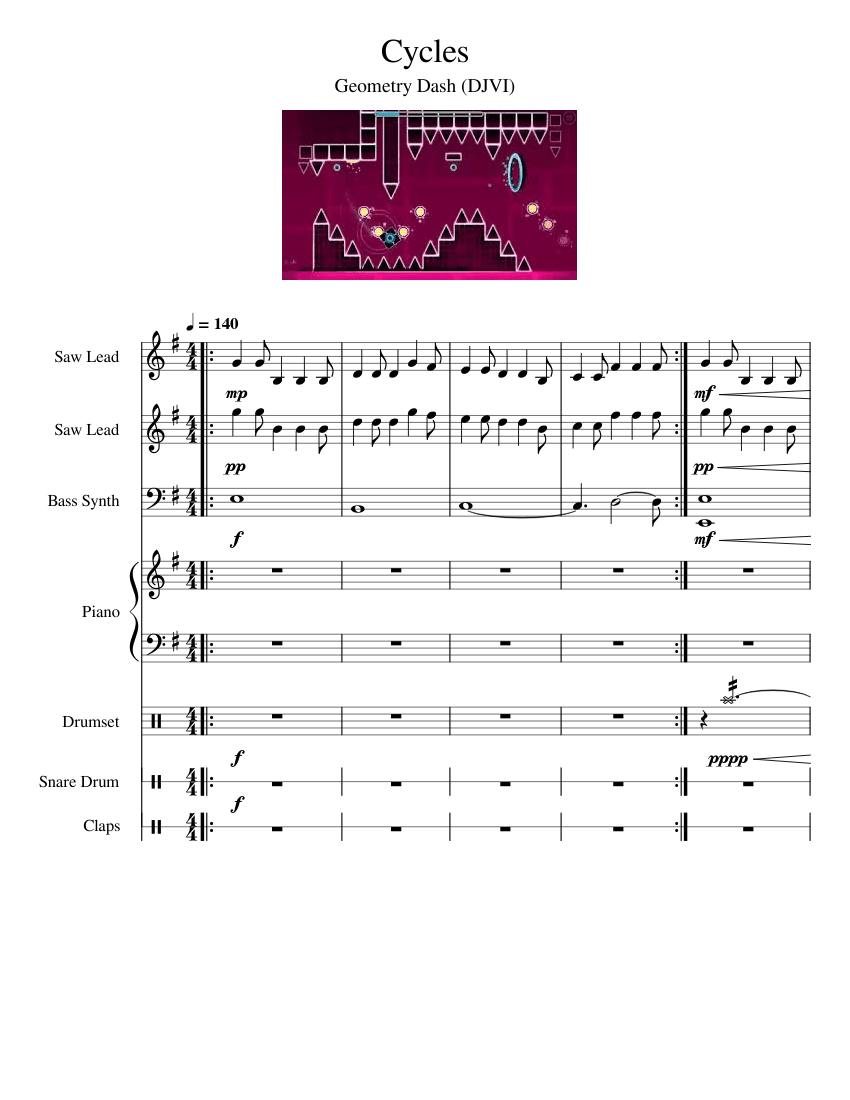 Cycles (Full) - Geometry Dash (DJVI) Sheet Music for Piano, Snare drum ...