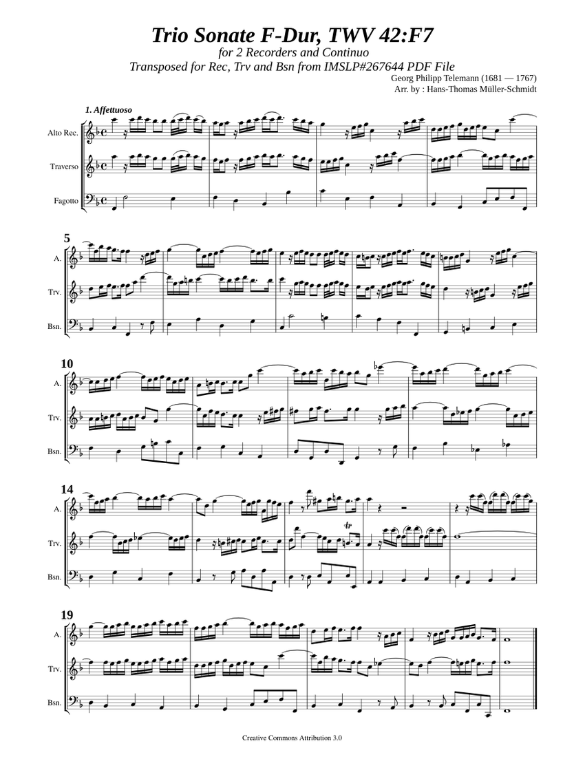 Telemann, G. P. _ Trio Sonata F-Dur, TWV 42:F7 [A,Trv, Bsn] Sheet Music for Flute, Bassoon ...