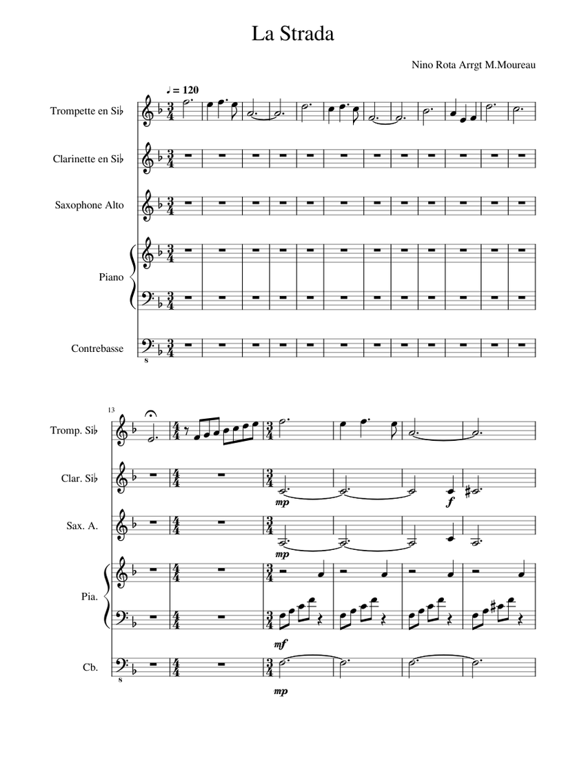 La Strada (Nino Rota) Sheet Music for Piano, Clarinet in b-flat ...