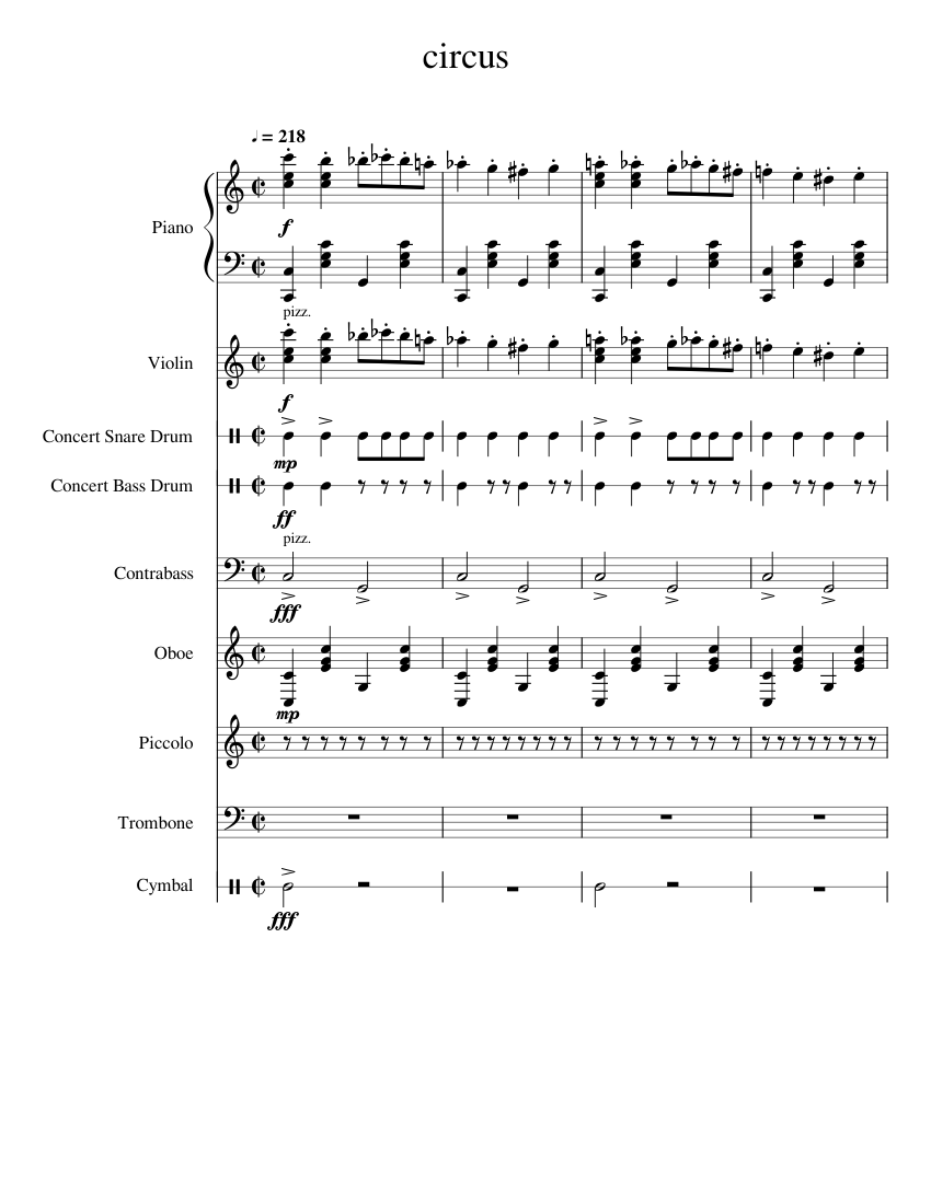 Circus Music Sheet Music for Piano, Trombone, Flute piccolo, Oboe ...