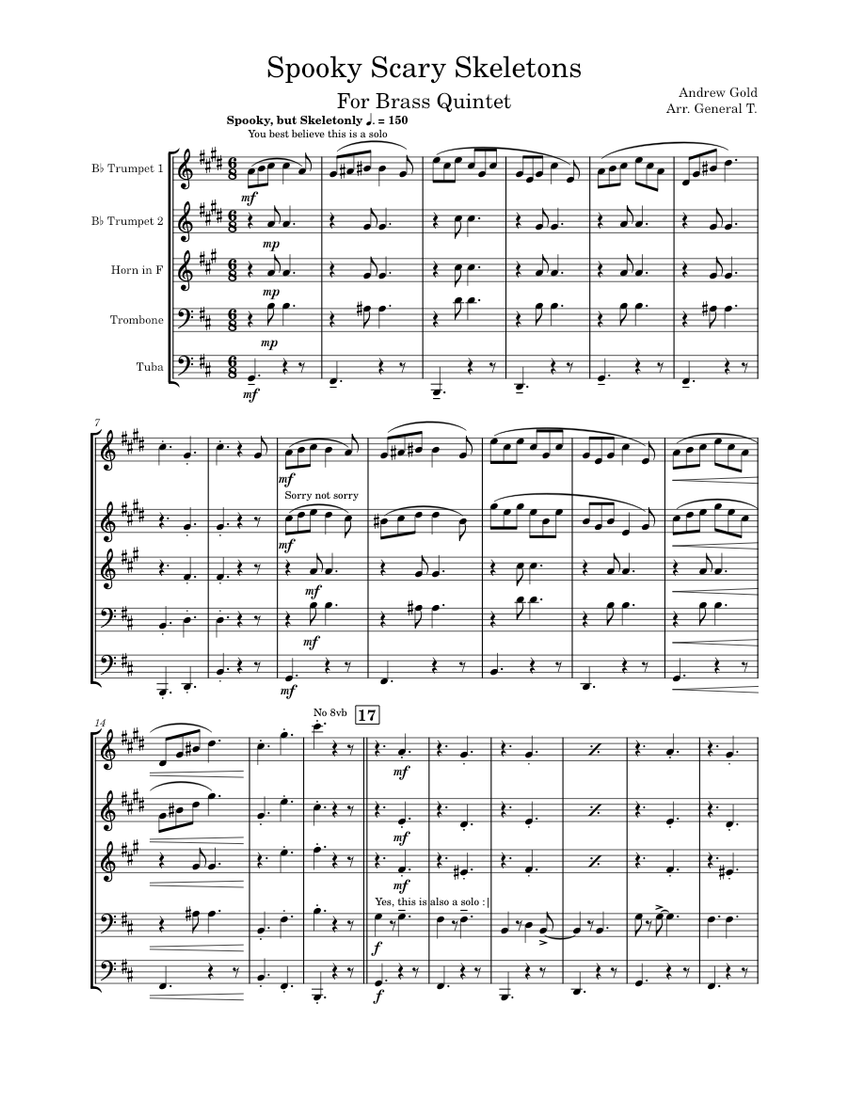 Spooky Scary Skeletons - Brass Quintet Sheet Music for Trombone, Tuba ...