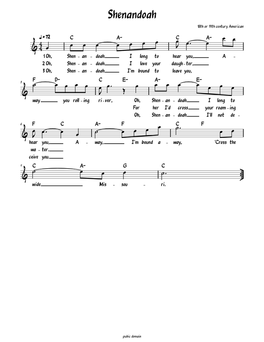 Shenandoah (Lead sheet with lyrics ) Sheet music for Piano (Solo) | Musescore.com