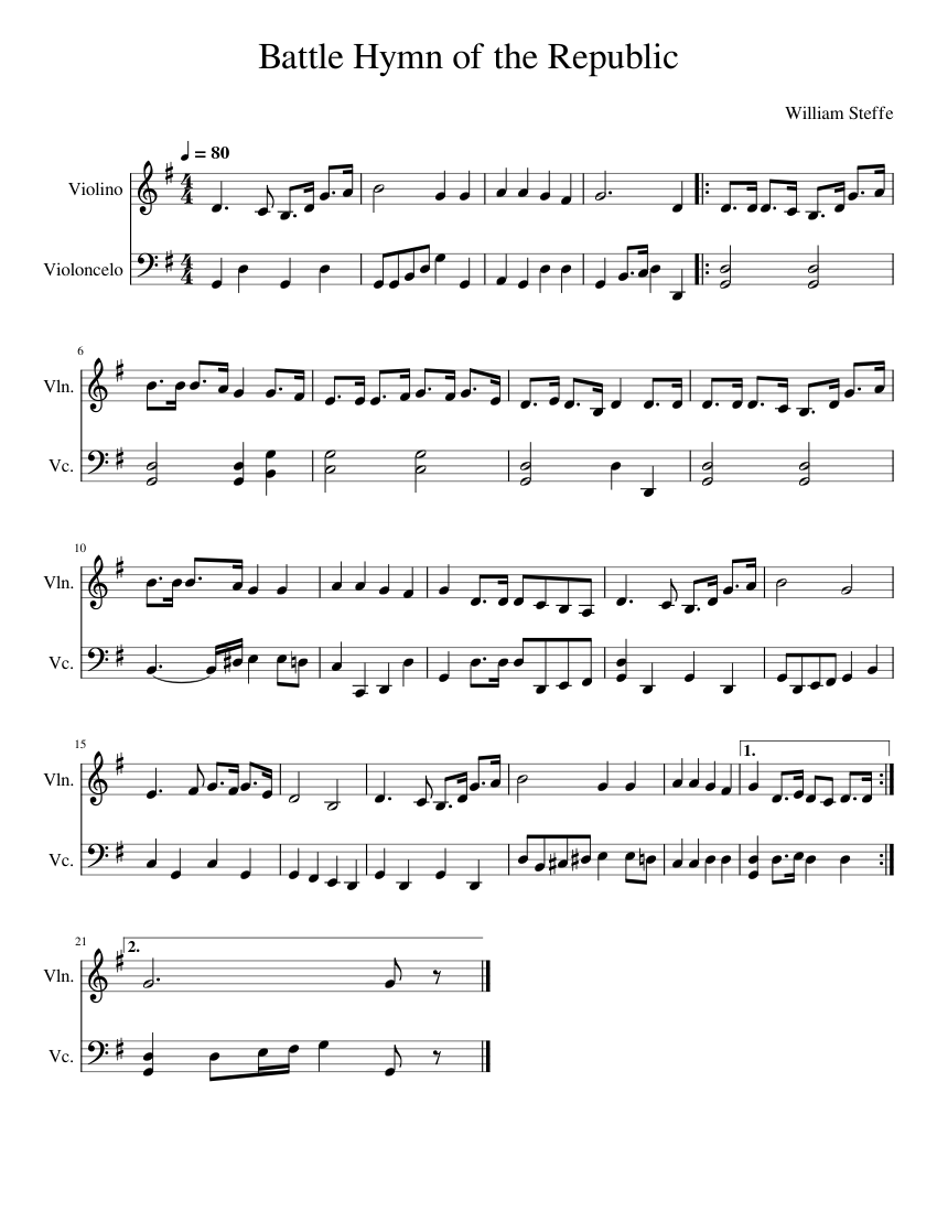 Battle Hymn of the Republic Violin and cello Sheet music for Violin ...